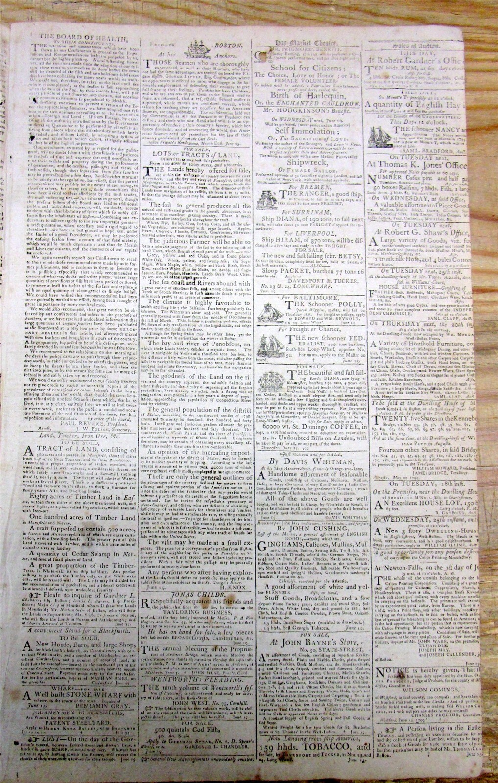 Original 1799 Boston MA newspaper printed while GEORGE WASHINGTON ...