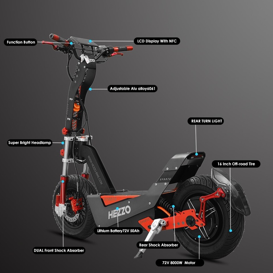 HEZZO F8 8000W Electric Scooter Off Road 62MPH Foldable Adults Escooter ...