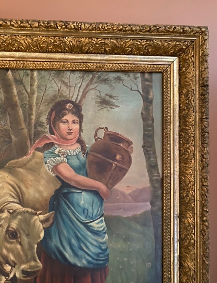 Oil Painting Antique, 19 C. Oil On Canvas, Cow And Maiden with a ...