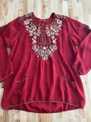 Johnny Was Shirt Red Embroidered Floral Artsy Boho Tunic Size XL Flawed ...
