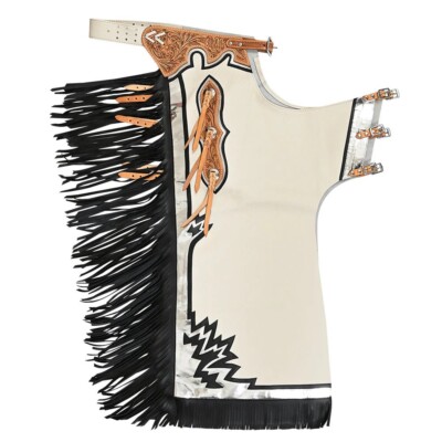 Bull Riding Pro Rodeo Chaps Beige Smooth Leather Skin Black fringes ...
