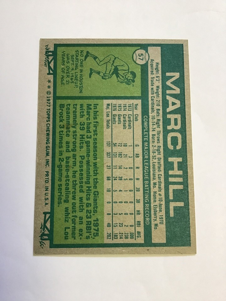 1977 TOPPS #57 Marc Hill Baseball Card -y66 | eBay