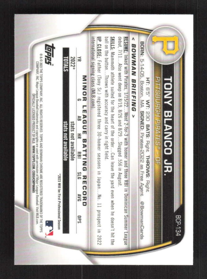 Tony Blanco Jr. 2023 Bowman Chrome Prospects Pittsburgh Pirates #BCP ...
