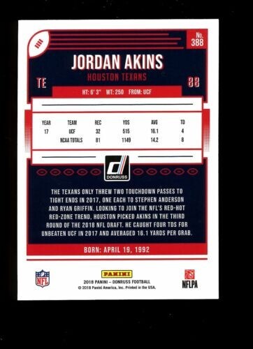 2018 Donruss #388 Jordan Akins Houston Texans RC Rookie Card | eBay