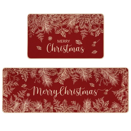 Christmas Kitchen Mat Set of 2, Non-Slip Holly Pine Branches Leaves Red ...