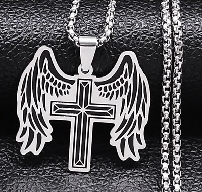 Stainless Steel Angel Wings and Cross Laser Engraved Pendant and 2o in ...
