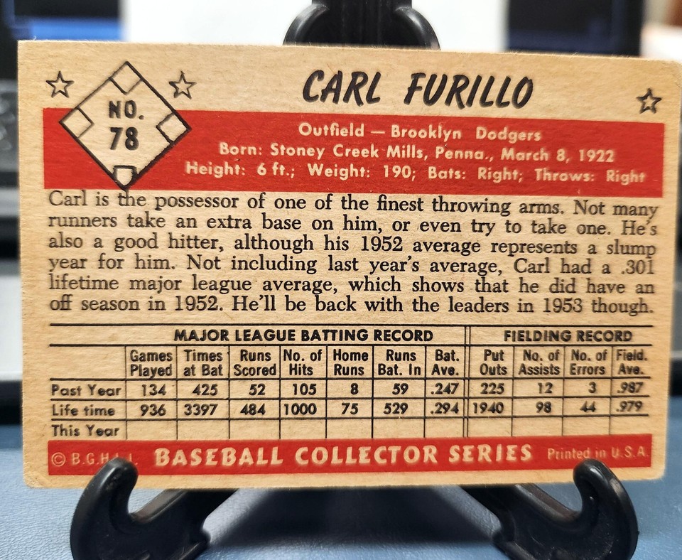 1953 BOWMAN COLOR #78 CARL FURILLO BASEBALL CARD-BROOKLYN DODGERS | eBay