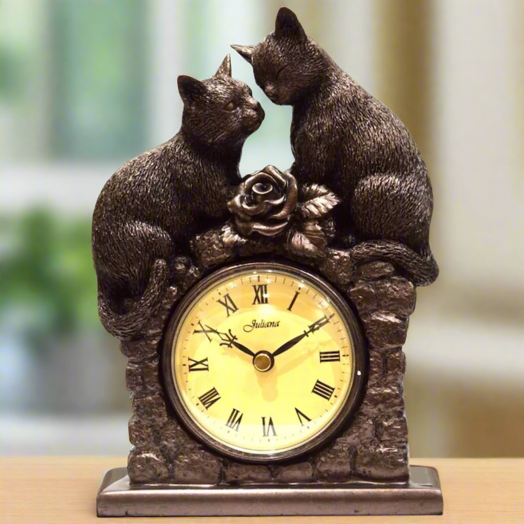 Bronze Effect Cat Couple Mantel Clock Unusual Unique Juliana Figurine ...