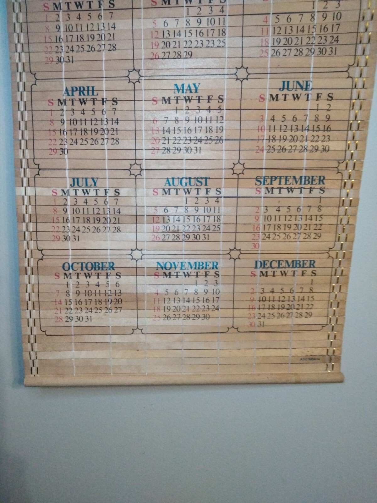 Vintage Bamboo Calendar Scroll Roll Up Wall Decor 1984 | eBay