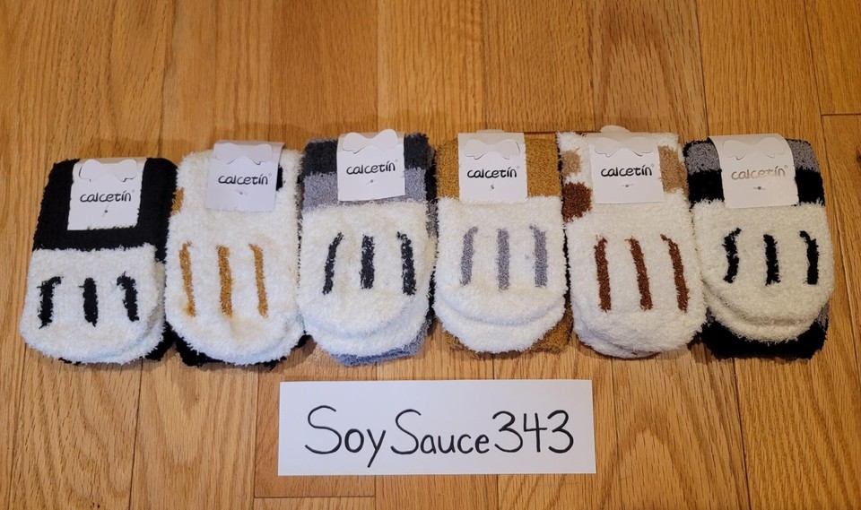 6 PAIRS WOMEN'S FUZZY WINTER FLUFFY COZY WARM CUTE CAT PATTERN PAW ...