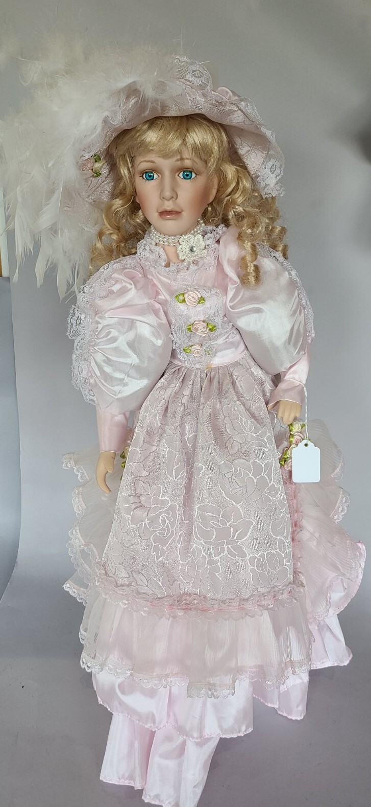 BEAUTIFUL 23" TALL PORCELAIN DOLL WITH PINK LACE DRESS AND MATCHING HAT ...