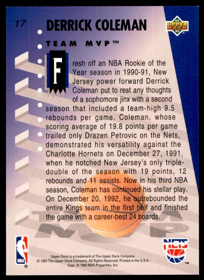 1992-93 Upper Deck Derrick Coleman New Jersey Nets #17 | eBay