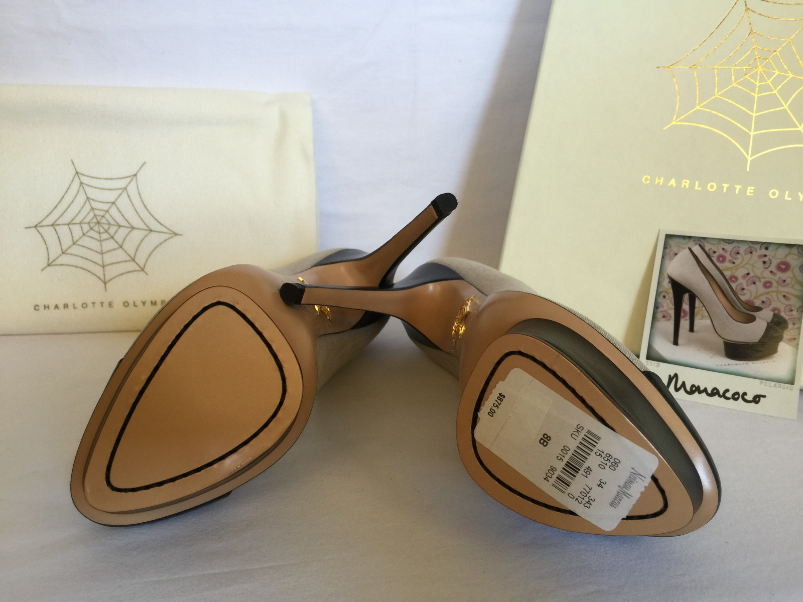 NIB Charlotte Olympia Monacoco Natural Linen Black Cap-Toe Platform ...