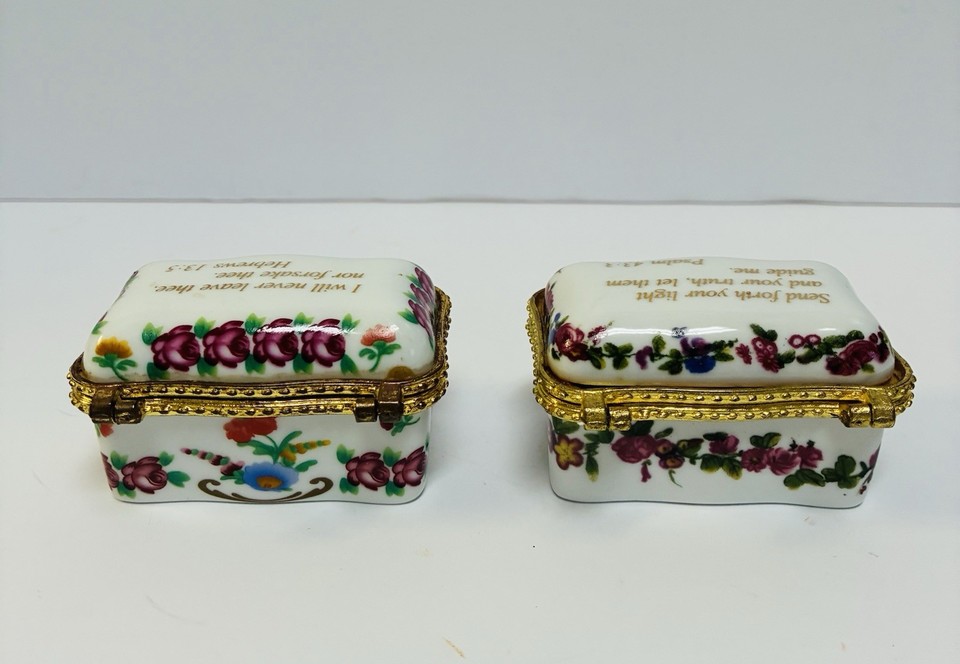Imperial Porcelain Trinket Boxes. Hinged Lid Floral Pattern Scriptures ...