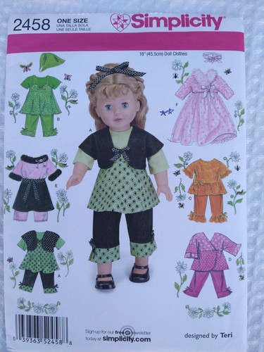 Simplicity Crafts 2458 18" Doll Clothes Teri Design Sewing Pattern New ...