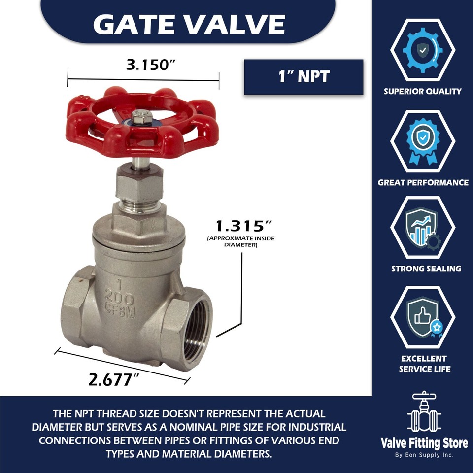 1" Inch Gate Valve Female Threaded NPT 200 WOG Stainless Steel 316 | eBay