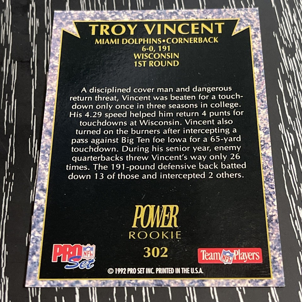 TROY VINCENT 1992 Pro set power card #302 Rookie Rc MIAMI DOLPHINS ...