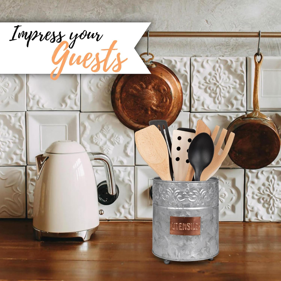 Rustic Galvanized Steel Kitchen Utensil Holder with Copper Label - 7.5 ...