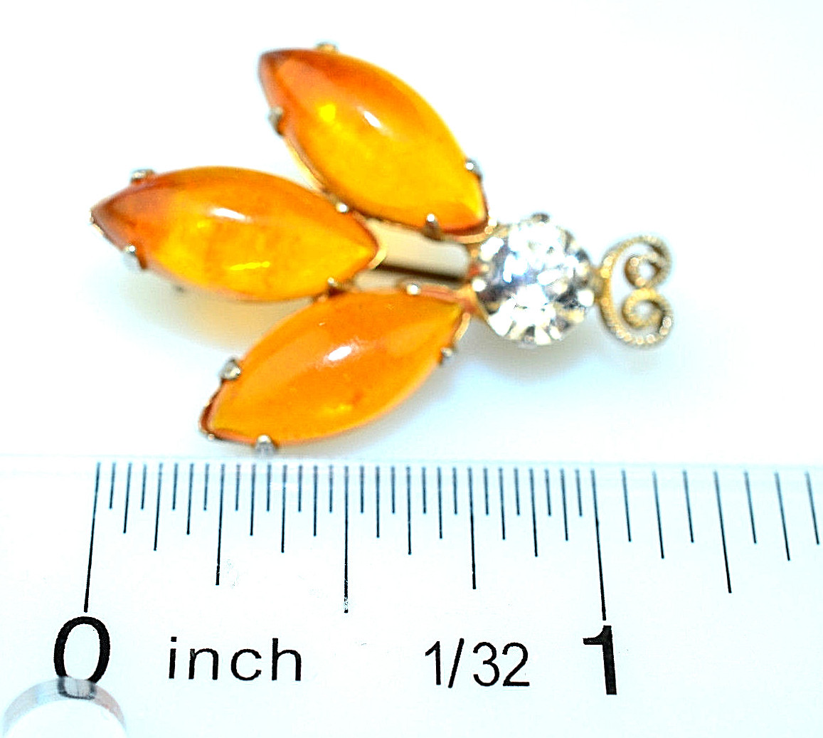 VINTAGE GENUINE AMBER PIN WITH 3 MARQUISE STONES & ONE ROUND RHINESTONE ...