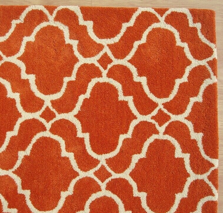 Ryana Scroll Tile Trellis Orange Modern Hand Tufted 100% Wool Area Rug ...