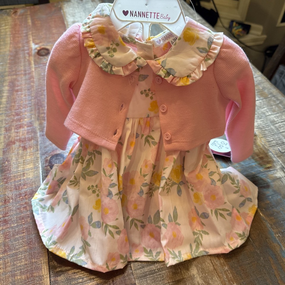 NEW NWT Nannette girl 0-3 month 3 piece Floral dress set Pink Sweater ...