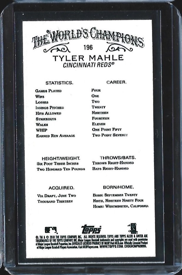 Tyler Mahle - 2018 Topps Allen & Ginter #196 - Mini Rookie RC ...
