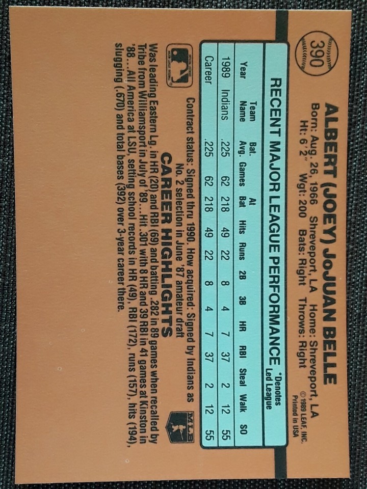 1990 Donruss Joey Albert Belle RC Rookie Baseball Card #390 Indians ...