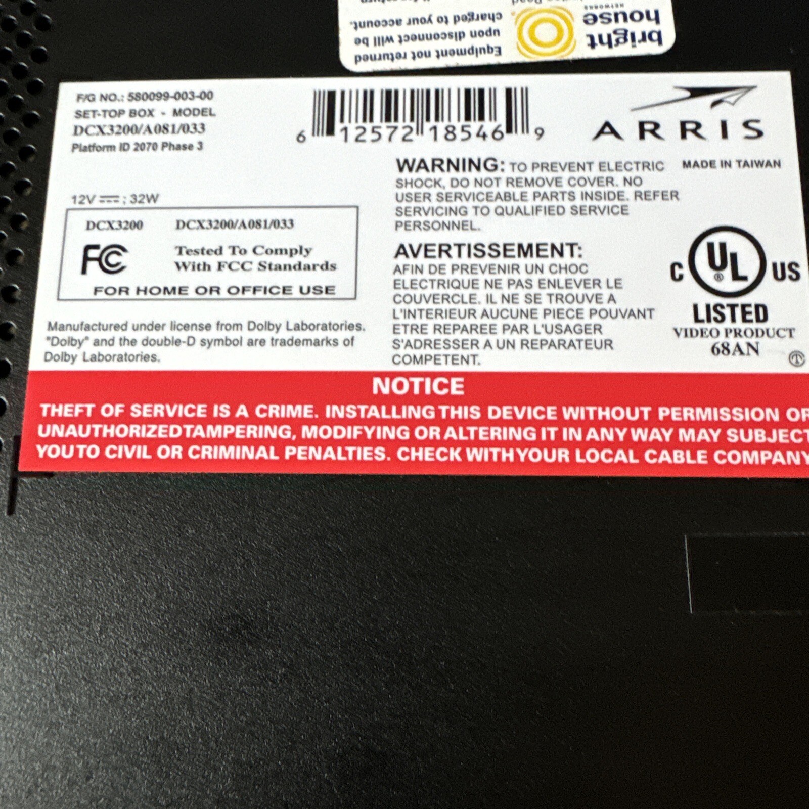 Arris Motorola DCX3200 A081 033 Dolby Digital Plus HDMI TV Box No Power ...