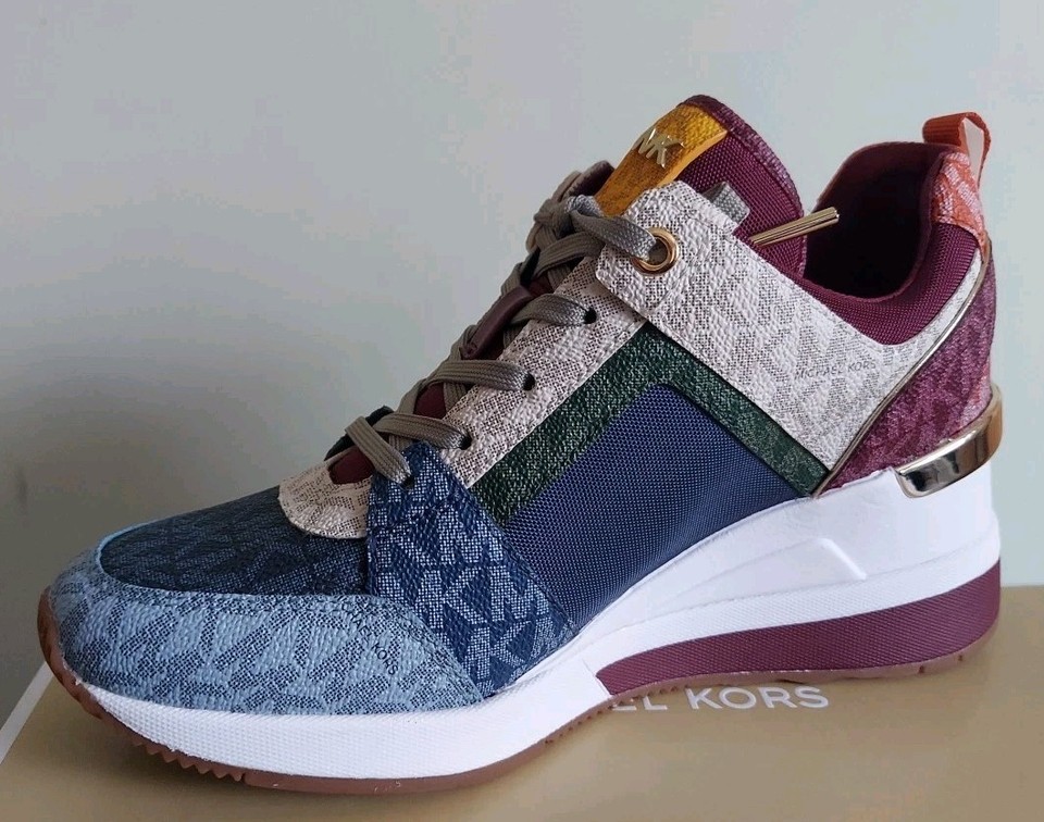 Michael KORS GEORGIE MK GOLD LOGO SIGNATURE DENIM TRAINER SNEAKERS I ...