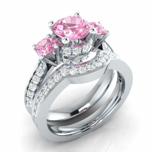 3.40ct Baby Pink Round Lab Created Diamond 925 Silver Bridal Set ...