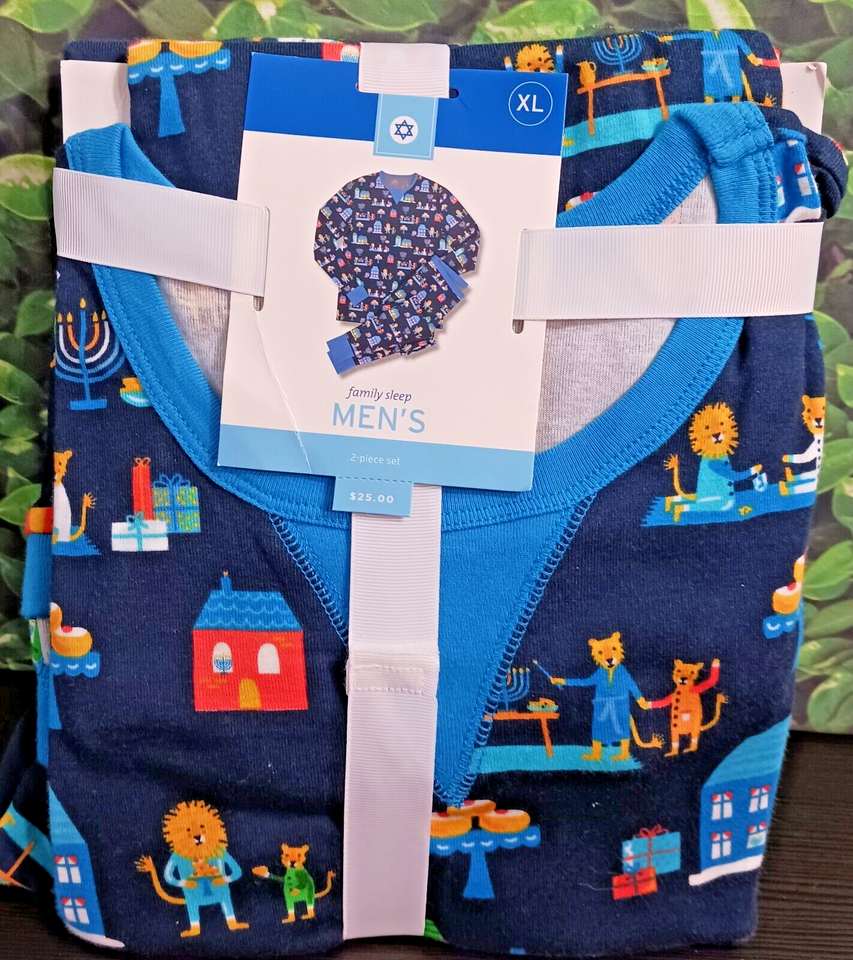 Hanukkah Menorah Men’s XL Blue Pajama Set Dreidel Lion Jewish 100% ...