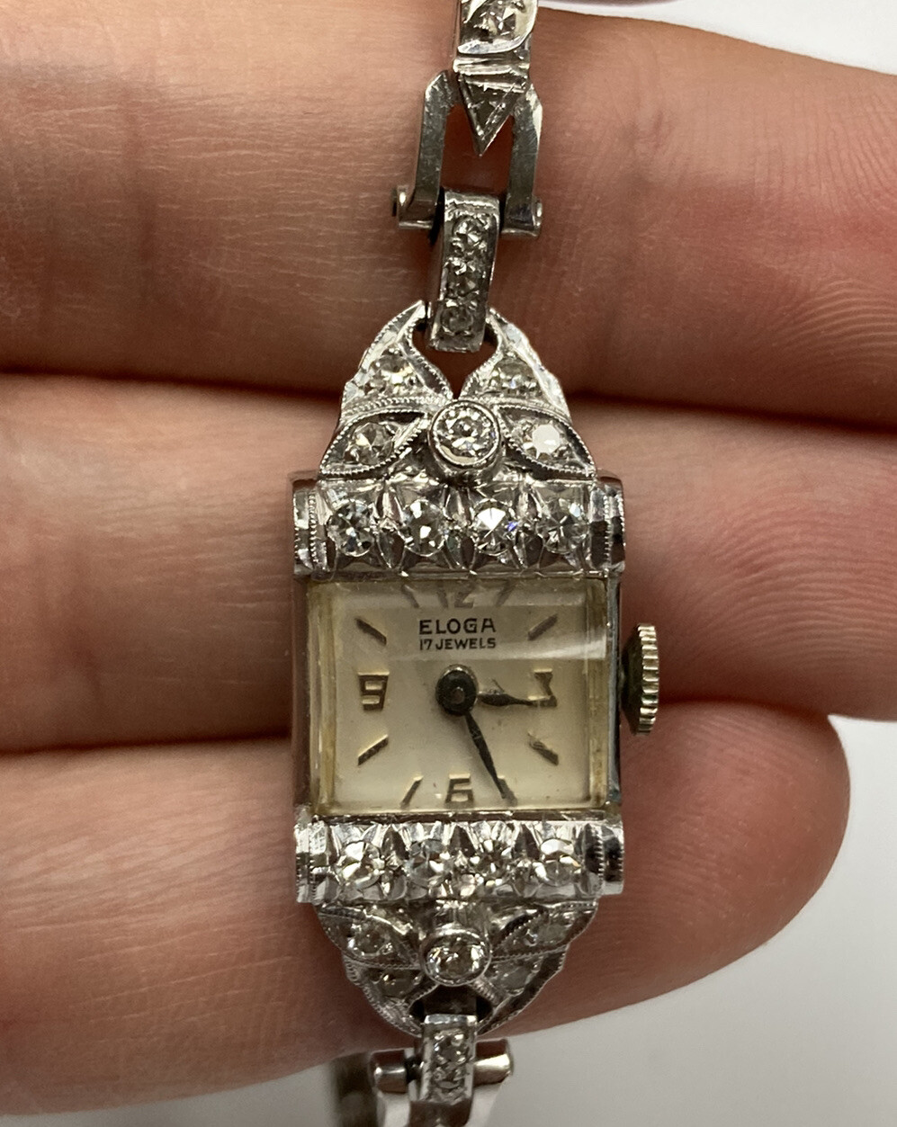 Eloga Solid 14k White Gold Art Deco Ladies Diamond Wrist Watch | eBay