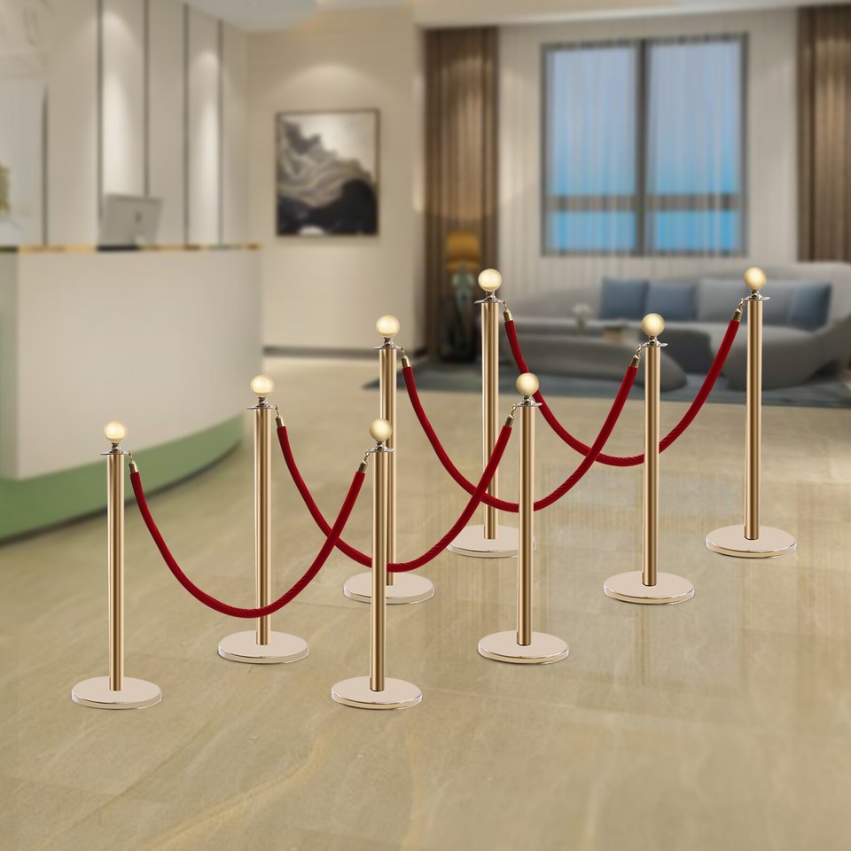 8 PCS Crowd Control Stanchion Gold Posts Set with Red Velvet Rope Queue ...