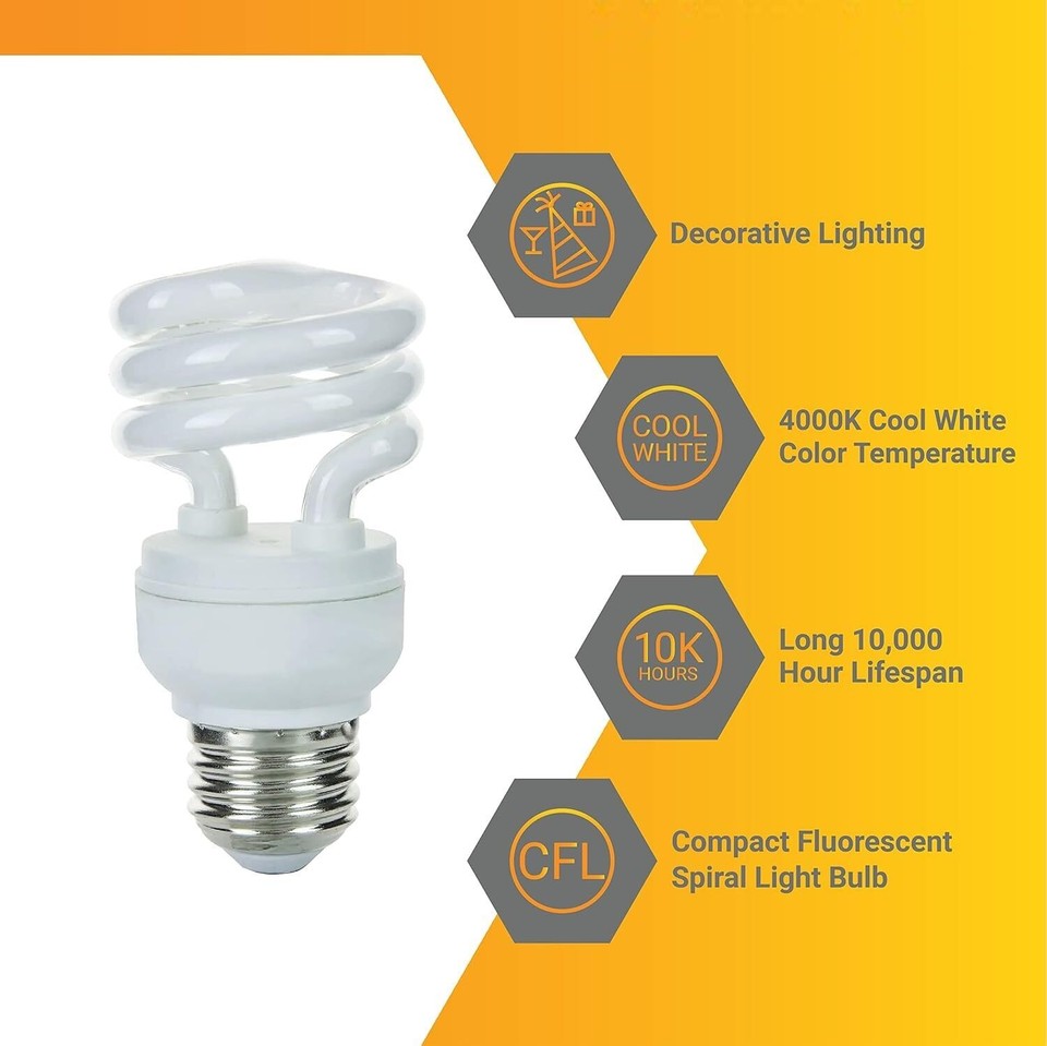 3Pack CFL Mini Spiral Light Bulb, T2 Bulb, 9W (40W), 4100K, E26, 500LM ...