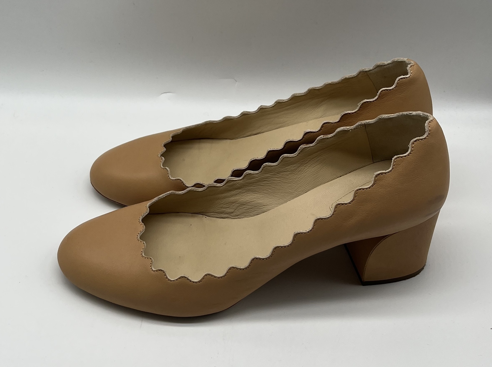 Chloe Leather Scalloped Trim Closed Toe Block Heel in… - Gem