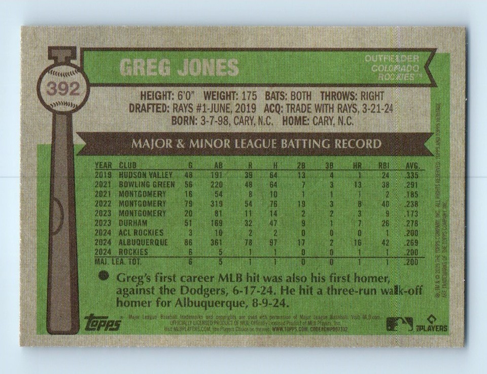 #392 2025 Topps Heritage Base Greg Jones RC Colorado Rockies | eBay
