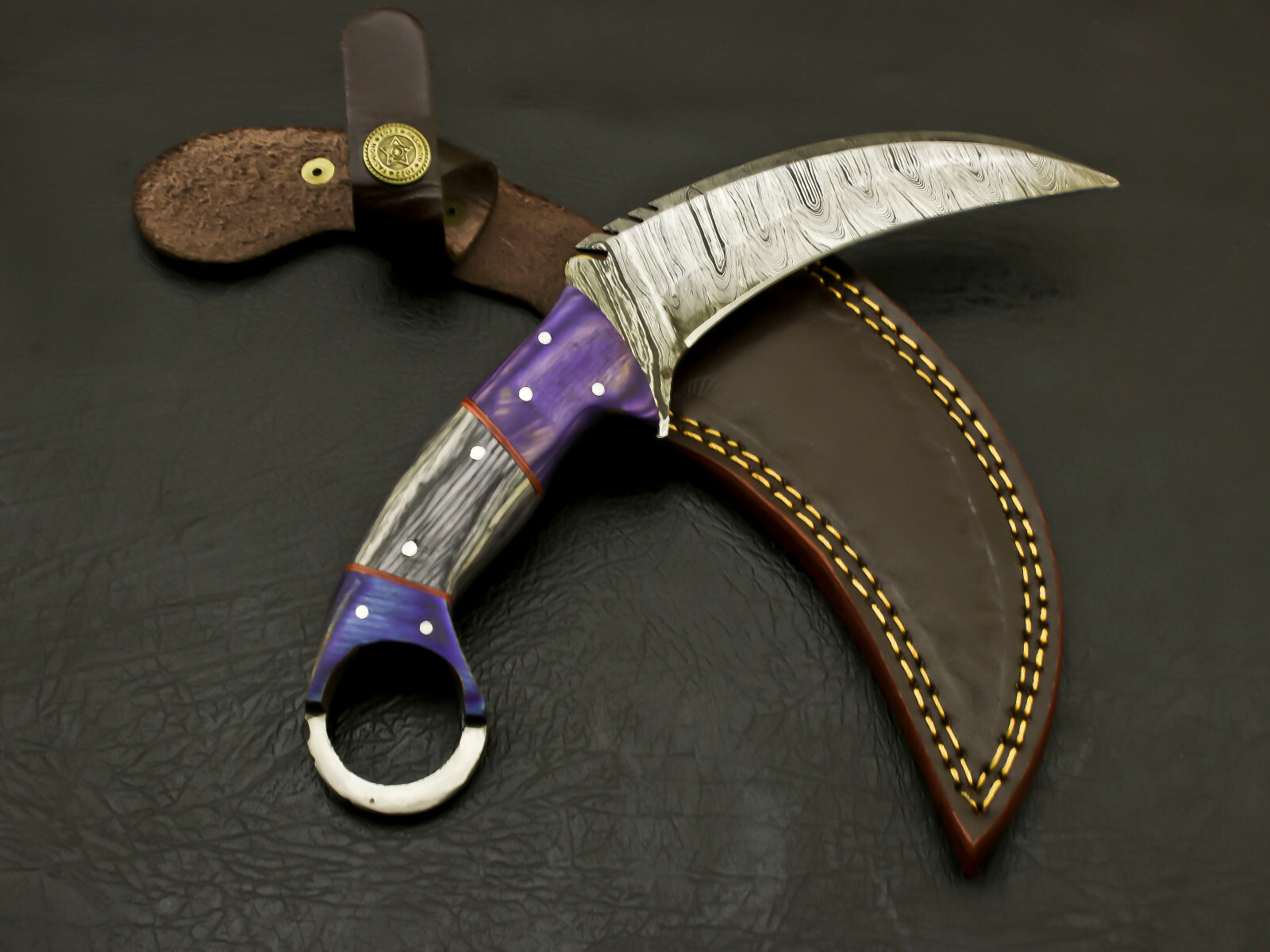 HANDMADE DAMASCUS BLADE CUSTOM PAKKA WOOD KARAMBIT HUNTING KNIFE/FULL ...