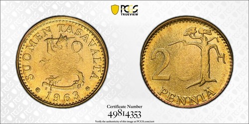 1963-S Finland 20 Pennia PCGS MS65 Obverse & Reverse Struck Thru Error ...