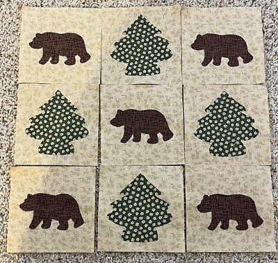Set of 9 Bear and Evergreen Tree Applique Quilt Blocks | eBay