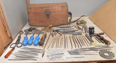 Antique jeweler gunsmith pattern die maker oak chest needle file ...