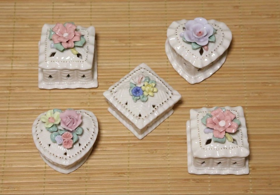 Ceramic Potpourri Pot Set of 5 Heart & Square Flower Decor Small ...