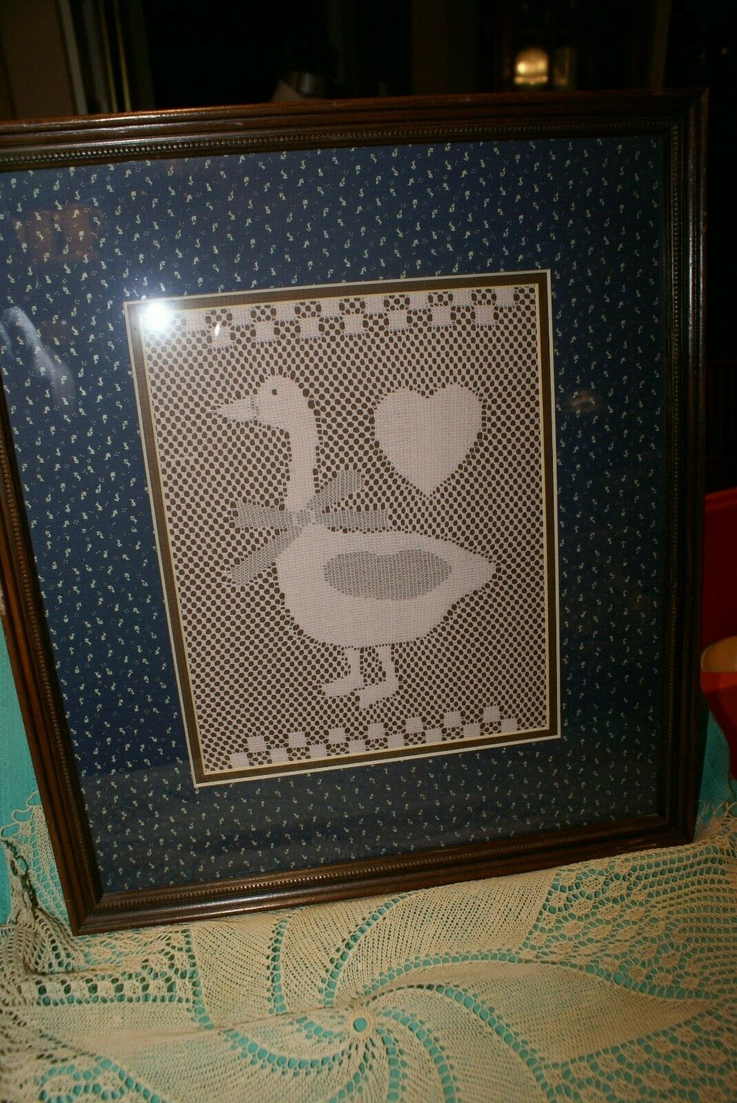 FRAMED LACE PICTURE W/DUCK/HEART By FIGI GRAPHICS W/FRAME 17" X 15 ...