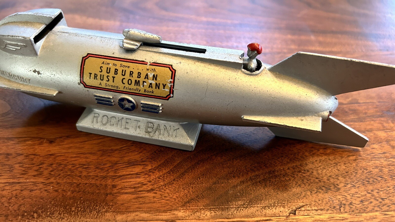 Vtg 1950's Space Age MERCURY ROCKET Metal Penny Coin MECHANICAL BANK ...