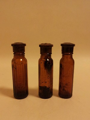 3x 1920s inecto hair dye bottles bakelite lids ribbed brown glass ...