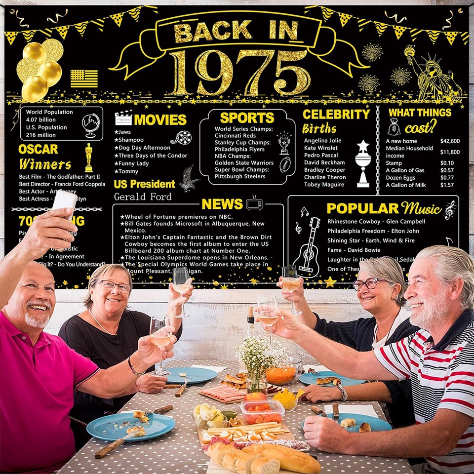 50th Birthday Black Gold Party Decoration, Back in 1975 Banner 50 Year ...