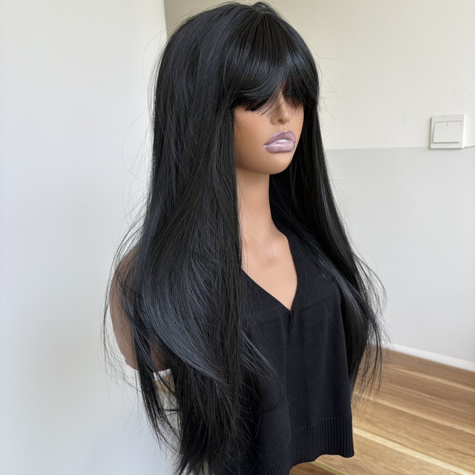 Long Straight Black Women Heat Resistant Hair Natural Cosplay Wigs With ...