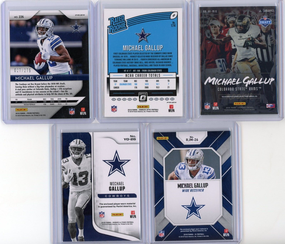 2018 Panini MICHAEL GALLUP (5) Card Rookie Lot - Prizm,Patch,Numbered ...