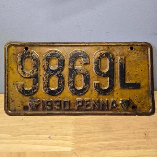 Vintage 1930 Pennsylvania Penna PA License Plate Black Yellow 9869L Car ...