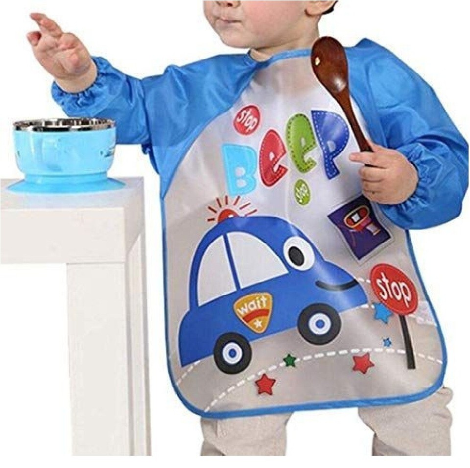 Baby Apron Bibs Long Sleeve Waterproof Feeding Plastic Apron Fixed Belt ...
