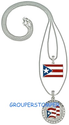 Puerto Rico Flag New Two Pendant Necklaces Set 24 & 30 Inch Box Link ...